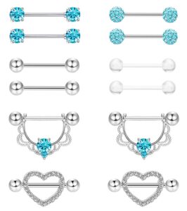 masedy 6 pairs 14g 316l stainless steel nipplerings nipple tongue rings women cz barbell body piercing jewelry blue