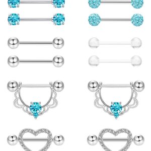 Masedy 6 Pairs 14G 316L Stainless Steel Nipplerings Nipple Tongue Rings Women CZ Barbell Body Piercing Jewelry Blue