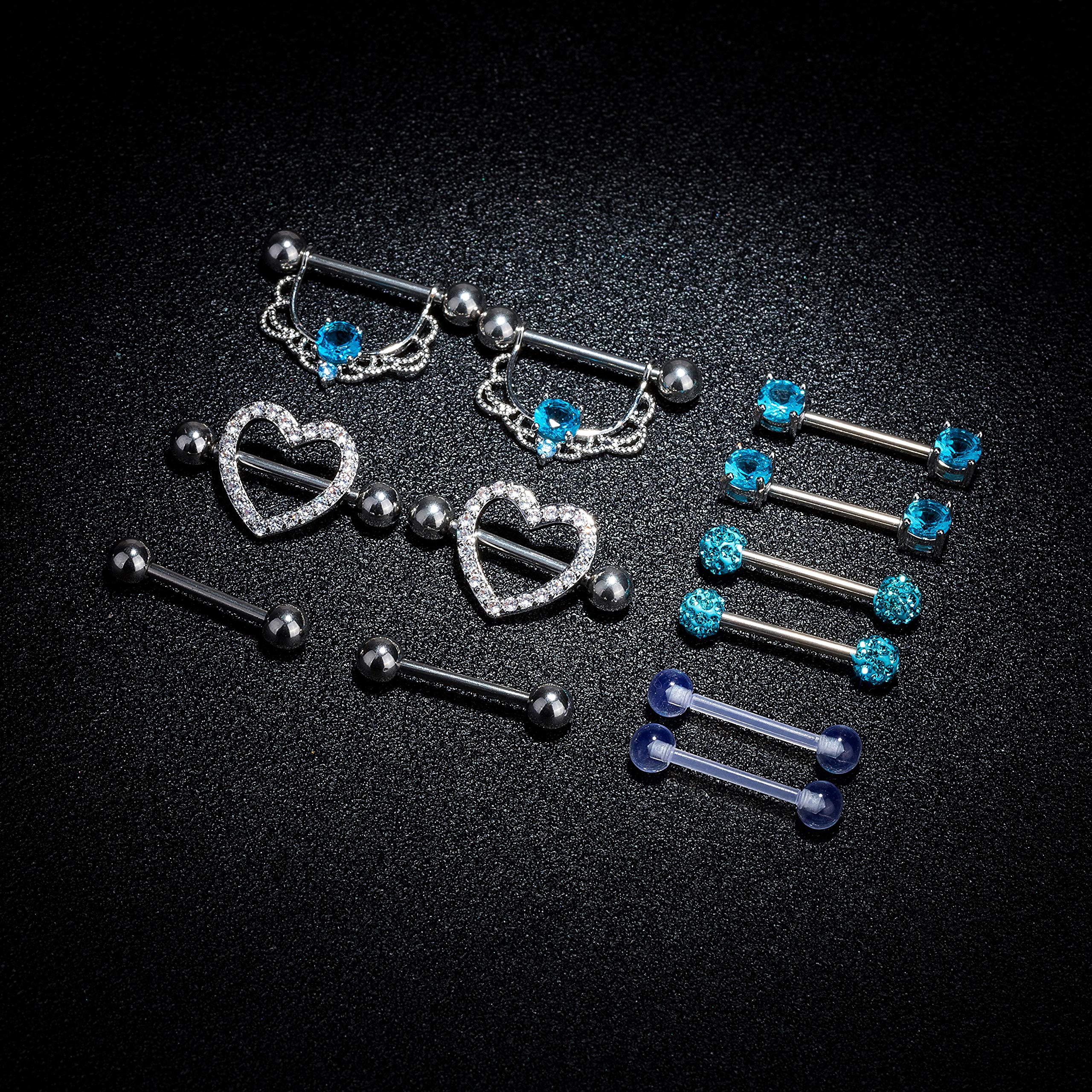 Masedy 6 Pairs 14G 316L Stainless Steel Nipplerings Nipple Tongue Rings Women CZ Barbell Body Piercing Jewelry Blue