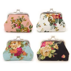 honbay 4pcs canvas floral rose flower coin purse kiss lock change purse vintage trinkets pouch small women wallet clutch purse