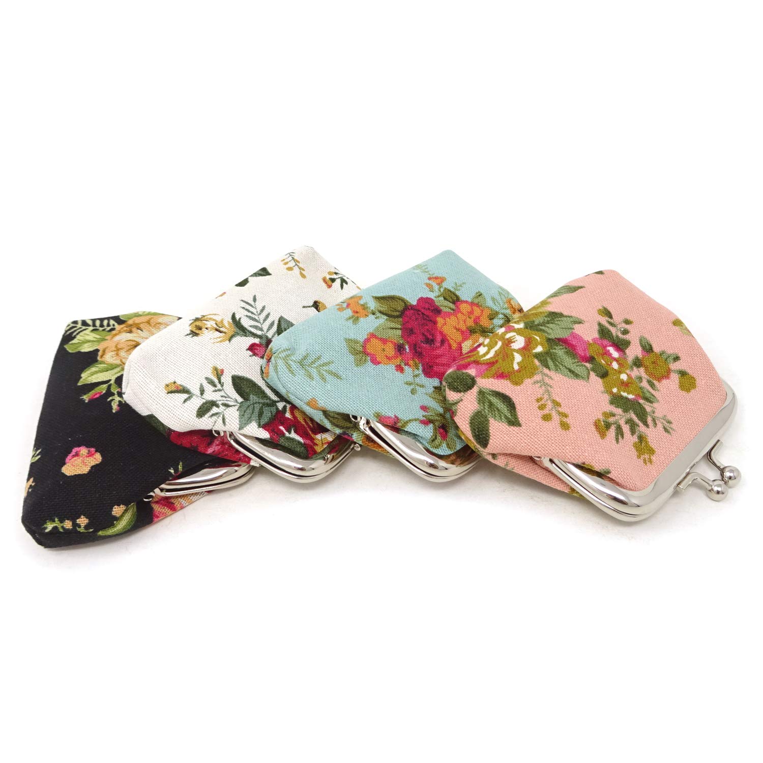 Honbay 4PCS Canvas Floral Rose Flower Coin Purse Kiss Lock Change Purse Vintage Trinkets Pouch Small Women Wallet Clutch Purse