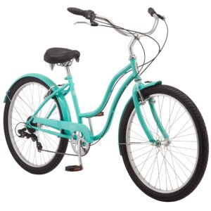 schwinn mikko adult beach cruiser bike, featuring 17-inch/medium steel step-over frames, 7-speed drivetrains, teal