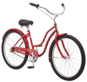 schwinn mikko adult beach cruiser bike, featuring 17-inch/medium steel step-over frames, 3-speed drivetrains, red