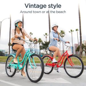 Schwinn Mikko Adult Beach Cruiser Bike, Featuring 17-Inch/Medium Steel Step-Over Frames, 3-Speed Drivetrains, Red