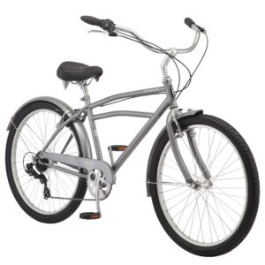 schwinn huron beach cruiser bike for adult, 7-speed, front and rear linear pull brake, 26-inch wheels, 17-inch step-over steel frame, full front & rear fenders, grey