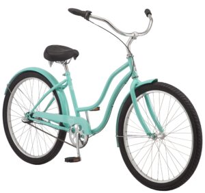 schwinn mikko adult beach cruiser bike, featuring 17-inch/medium steel step-over frames, 3-speed drivetrains, teal