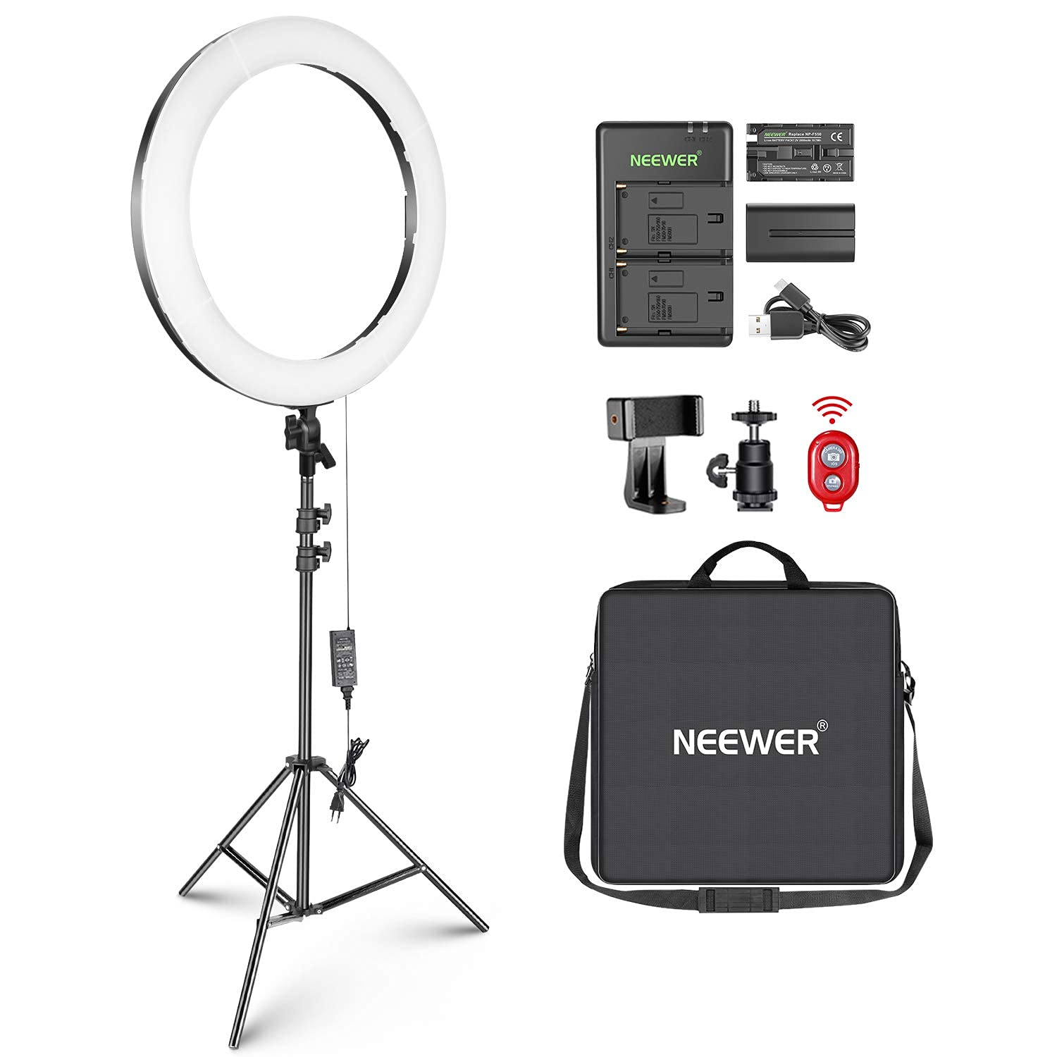 Neewer 20-inch LED Ring Light Kit for Makeup Youtube Video Blogger Salon - Adjustable Color Temperature with Battery or DC Power Option, Battery, Charger, AC Adapter, Phone Clamp and Stand Included