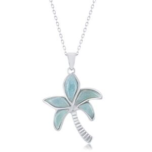 beaux bijoux palm tree caribbean natural larimar gemstone sterling silver pendant 18’’ necklace jewelry for women or teens