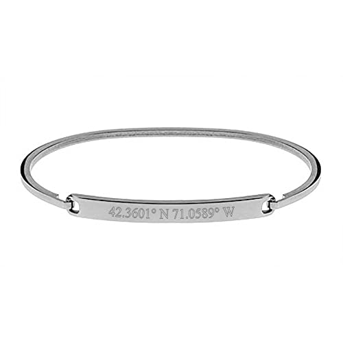 Women's Custom Engraved Coordinates Bracelet, 7.5" Long - Simple Thin ID Bangle Bracelet for Her - Couples Bracelet - Longitude Latitude Bracelet - Personalized Jewelry - Gifts for Mom