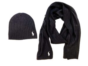 polo ralph lauren men's 2 piece set hat & scarf black lambswool blend