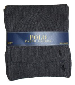 polo ralph lauren men's 2 piece set hat & scarf charcoal grey lambswool blend