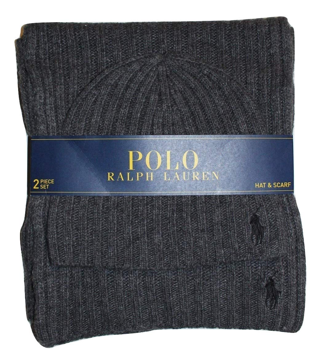 Polo Ralph Lauren Men's 2 Piece Set Hat & Scarf Charcoal Grey Lambswool Blend