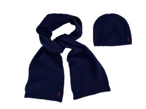 polo ralph lauren men's 2 piece set hat & scarf navy lambswool blend