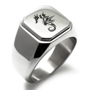 stainless steel tribal seahorse square flat top biker style polished ring, size 10