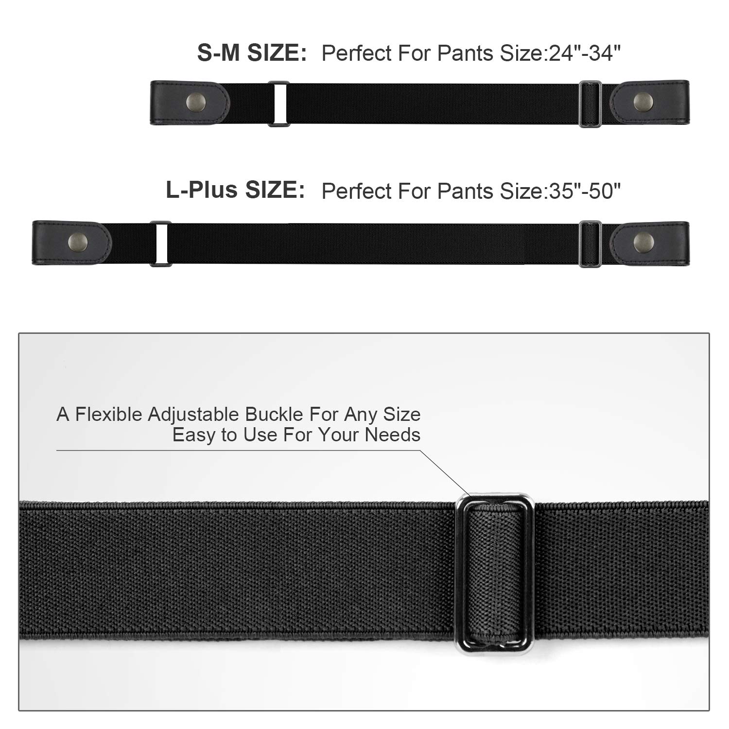 WHIPPY Buckle-Free Comfortable Elastic Belt for Women or Men, Buckle-less No Bulge No Hassle Invisible Belts, Black, Large Size 32-48 inches