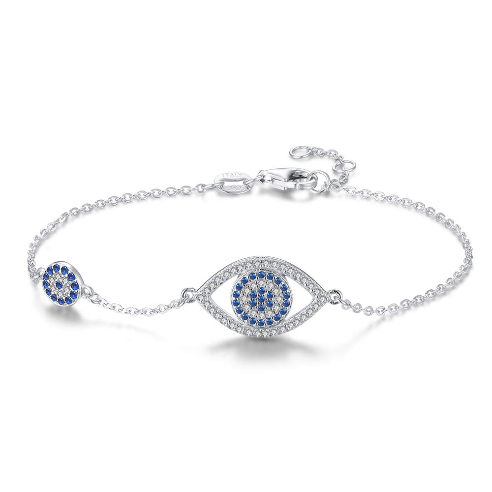 Kaletine Blue Evil Eyes Link Bracelet Sterling Silver 925 Cubic Zirconia Chain Adjustable 6.7" 7" 7.5"(Rhodium)