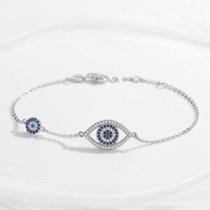 Kaletine Blue Evil Eyes Link Bracelet Sterling Silver 925 Cubic Zirconia Chain Adjustable 6.7" 7" 7.5"(Rhodium)