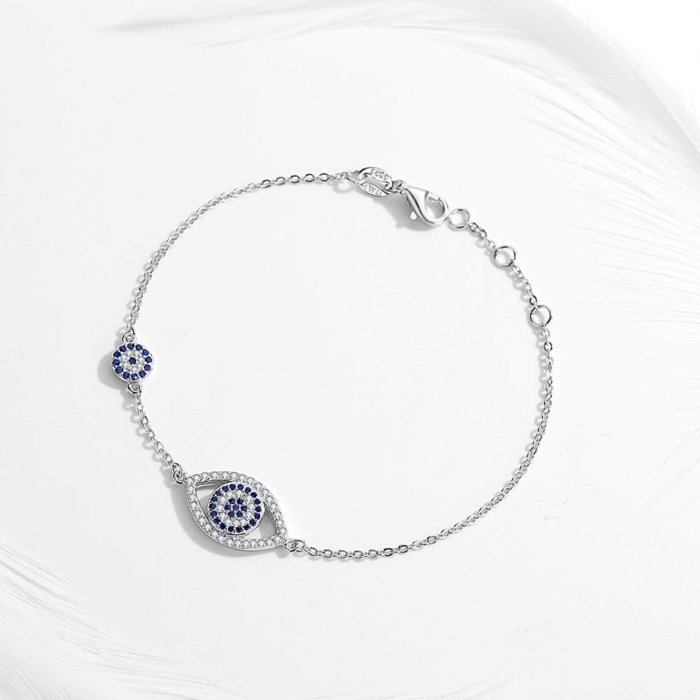 Kaletine Blue Evil Eyes Link Bracelet Sterling Silver 925 Cubic Zirconia Chain Adjustable 6.7" 7" 7.5"(Rhodium)