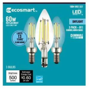 ecosmart 60-watt equivalent b11 dimmable energy star clear filament vintage style led light bulb daylight (3-pack)