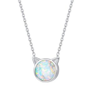 fancime sterling silver cat necklace white created opal cat pendant cute necklace small animal jewerly for women 18"