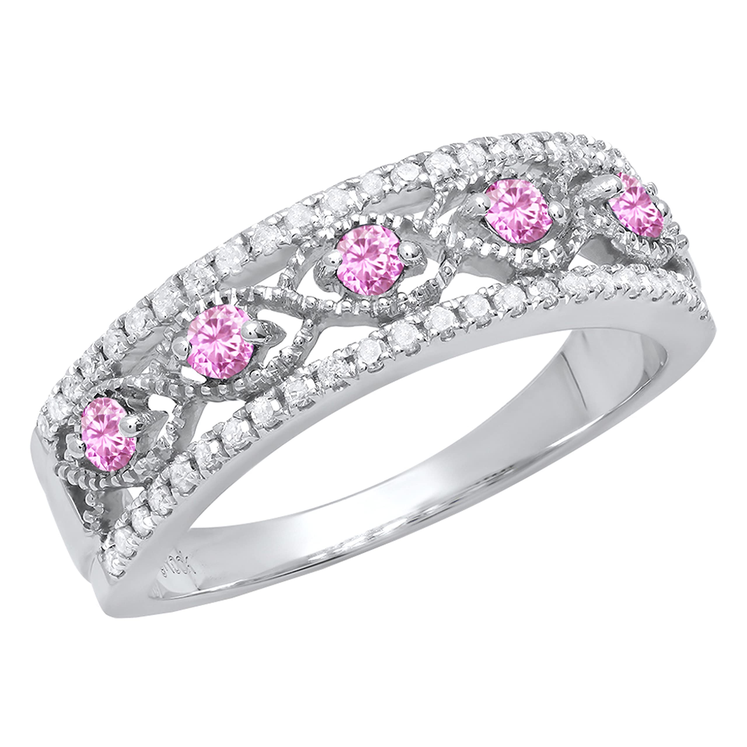 Dazzlingrock Collection 2.2 mm Each Round Pink Sapphire & White Diamond Ladies Anniversary Wedding Band | 925 Sterling Silver, Size 6.5