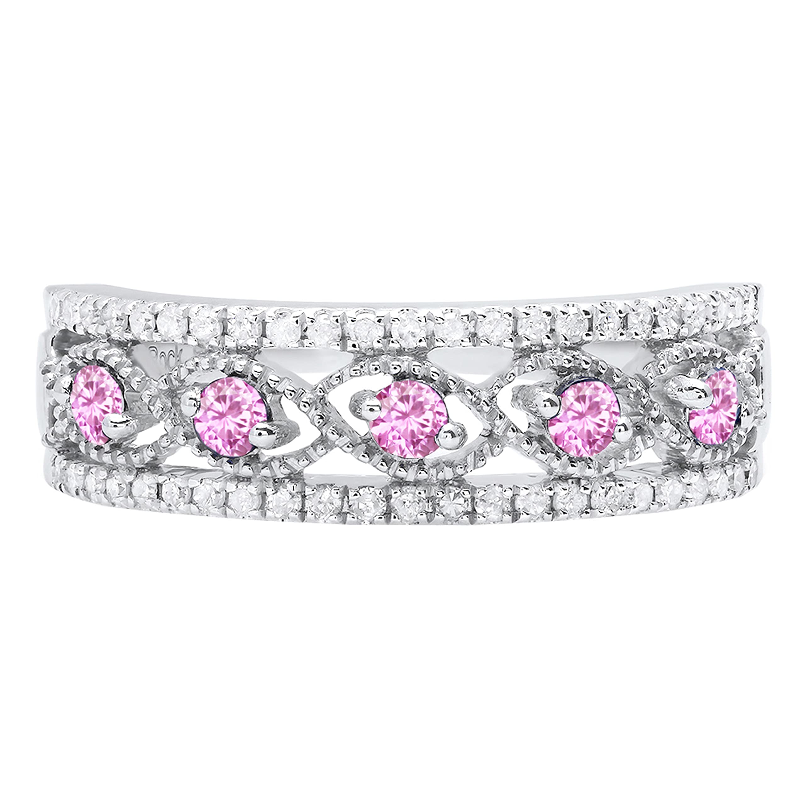 Dazzlingrock Collection 2.2 mm Each Round Pink Sapphire & White Diamond Ladies Anniversary Wedding Band | 925 Sterling Silver, Size 6.5