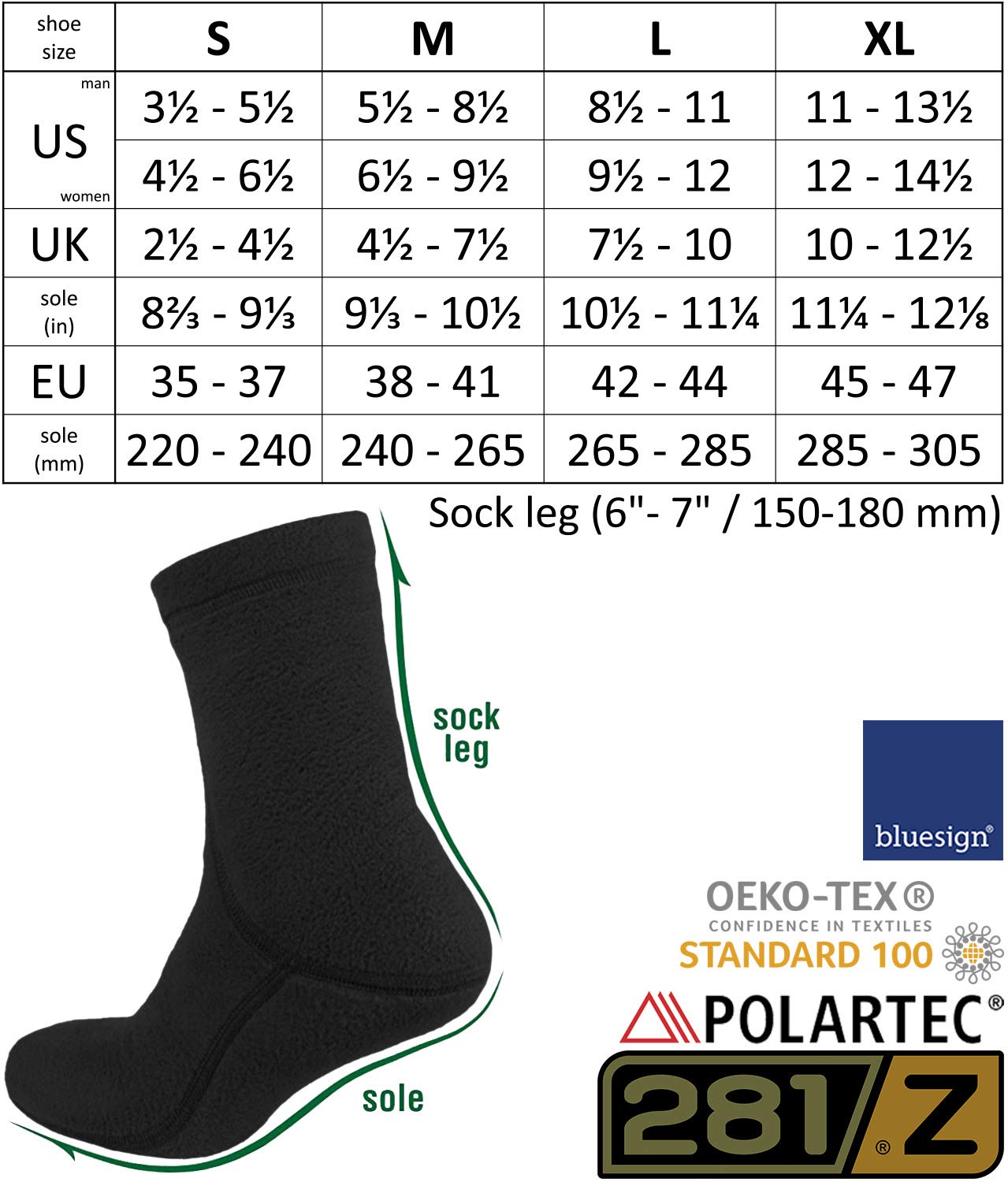 281Z Hiking Warm 6 inch Liners Boot Socks - Military Tactical Outdoor Sport - Polartec Fleece Winter Socks (Medium, Black)