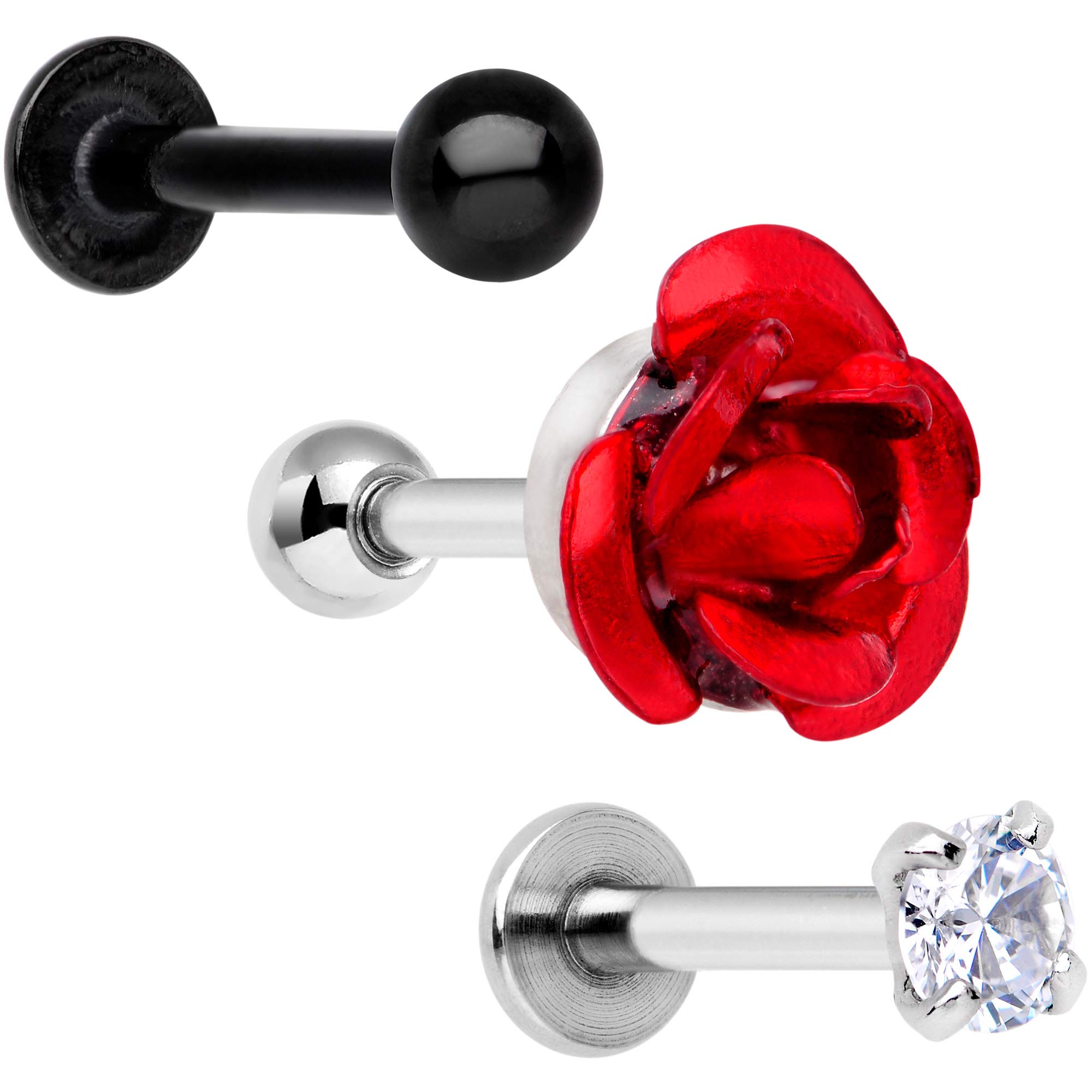 Body Candy 16G Black Anodized Steel 3PC Tragus Earring Women Helix Red Rose Cartilage Stud Earring Set 1/4"