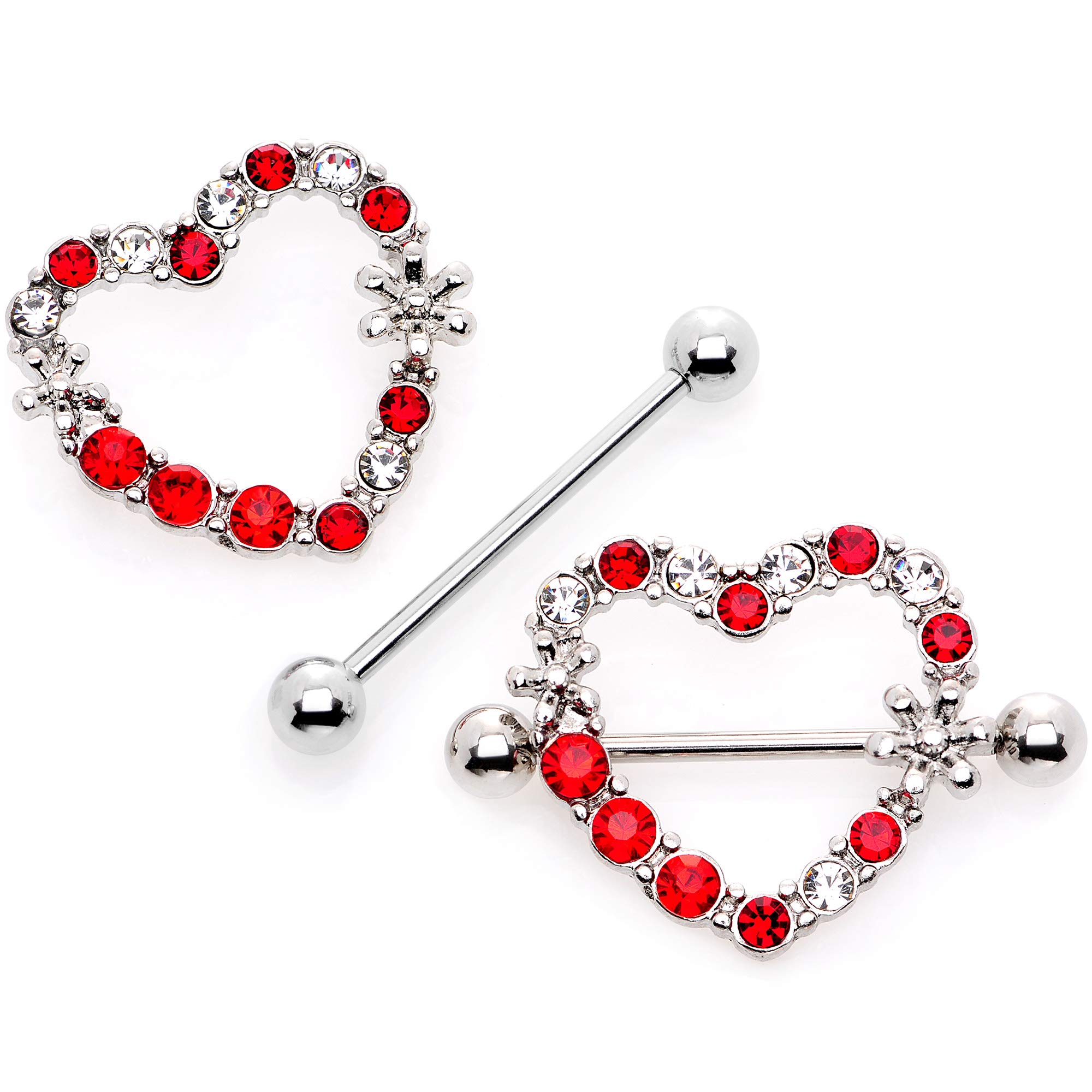 Body Candy 14G Nipplerings Piercing 9/16" 316L Steel 2Pc Clear Red Accent Lovers Heart Nipple Ring Set 14mm