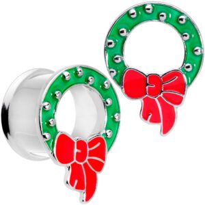 body candy 2pc 316l steel double flare tunnel plug christmas wreath ear plug gauges set of 2 5/8"