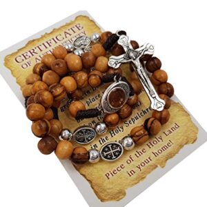 TALISMAN4U Olive Wood Rosary Beads Catholic Necklace with Jerusalem Holy Soil & Certificate in Blue Velvet Rosary Pouch