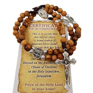 TALISMAN4U Olive Wood Rosary Beads Catholic Necklace with Jerusalem Holy Soil & Certificate in Blue Velvet Rosary Pouch