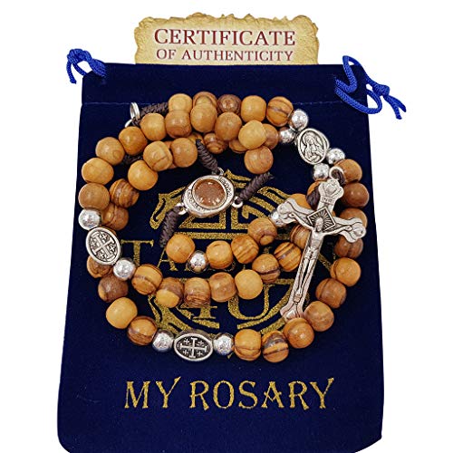 TALISMAN4U Olive Wood Rosary Beads Catholic Necklace with Jerusalem Holy Soil & Certificate in Blue Velvet Rosary Pouch