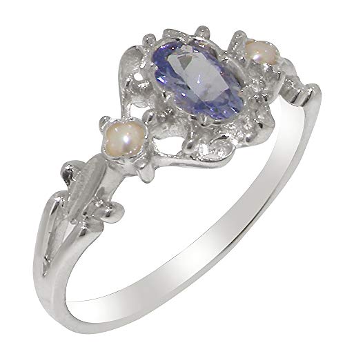 LetsBuyGold 10k White Gold Natural Tanzanite & Cultured Pearl Womens Statement Ring - Size 9.25