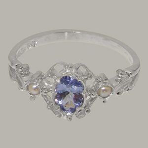 LetsBuyGold 10k White Gold Natural Tanzanite & Cultured Pearl Womens Statement Ring - Size 9.25