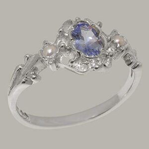 LetsBuyGold 10k White Gold Natural Tanzanite & Cultured Pearl Womens Statement Ring - Size 9.25