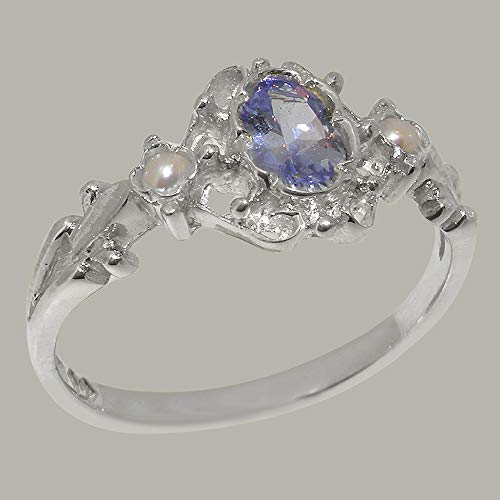 LetsBuyGold 10k White Gold Natural Tanzanite & Cultured Pearl Womens Statement Ring - Size 9.25