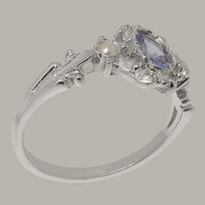 LetsBuyGold 10k White Gold Natural Tanzanite & Cultured Pearl Womens Statement Ring - Size 9.25