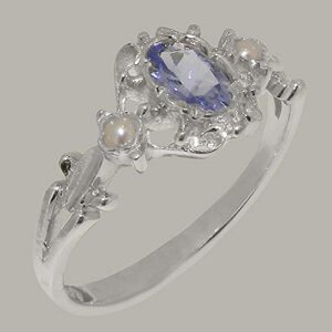 LetsBuyGold 10k White Gold Natural Tanzanite & Cultured Pearl Womens Statement Ring - Size 9.25