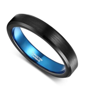 4mm Tungsten Ring for Women Men Black and Blue Thin Two Tone Beveled Edge Comfort Fit Size 5