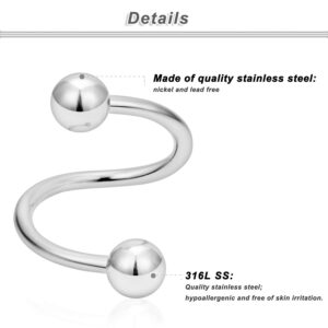 Ocptiy 16G Lip Ring Hoop Piercing Jewelry for Women 16 Gauge Stainless Surgical Steel Spiral Twist Eyebrow Septum Nose Ring Cartilage Tragus Helix Rook Daith Earring Hoop Piercing Jewelry Set Men 8mm