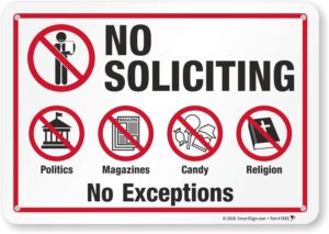 smartsign 7" x 10" 'no soliciting - no exceptions politics magazines no candy no religion' metal sign, 40 mil aluminum 3m laminated engineer grade reflective, red, black and white, usa-made