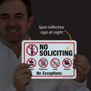 SmartSign 7" x 10" 'No Soliciting - No Exceptions Politics Magazines No Candy No Religion' Metal Sign, 40 mil Aluminum 3M Laminated Engineer Grade Reflective, Red, Black and White, USA-Made