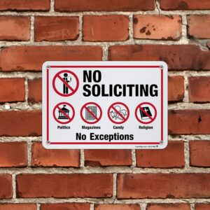 SmartSign 7" x 10" 'No Soliciting - No Exceptions Politics Magazines No Candy No Religion' Metal Sign, 40 mil Aluminum 3M Laminated Engineer Grade Reflective, Red, Black and White, USA-Made