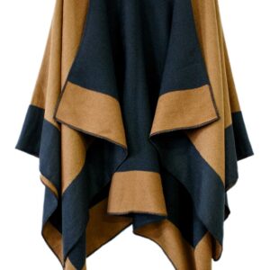 Women's Color Block Reversible Wrap Shawl Poncho Cape (Black 2)