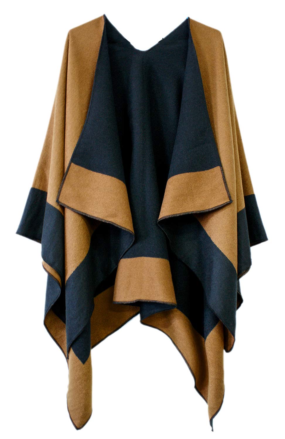 Women's Color Block Reversible Wrap Shawl Poncho Cape (Black 2)