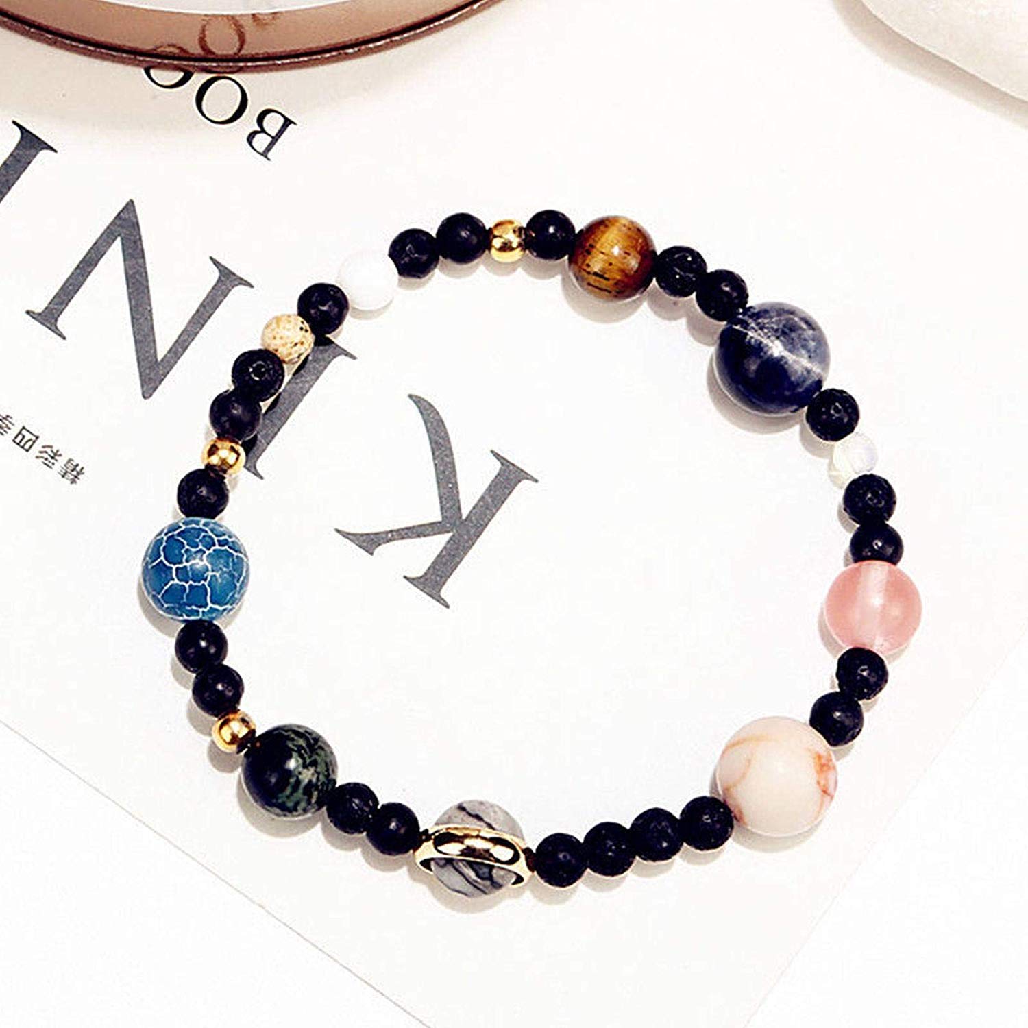 JESMING Women Solar System Bracelet Stretch Bracelets Universe Galaxy The Eight Planets Guardian Star Natural Stone Beads Bracelet Bangle Gifts for Women (A (Stretch))