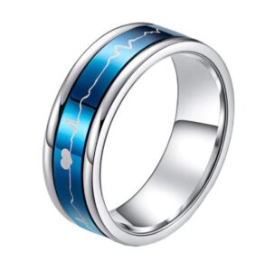 hijones unisex 7mm love ecg heartbeat spinner ring stainless steel wedding promise band blue size 8