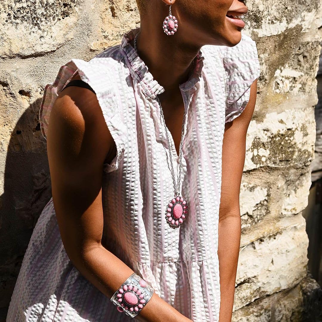 Howlite Jewelry Set - Pink Western Jewelry for Women - Turquoise Inspired Necklace, Earrings & Cuff Bracelet Set - Southwestern Chunky Statement Necklace in Stainless Steel - 26" Necklace Length