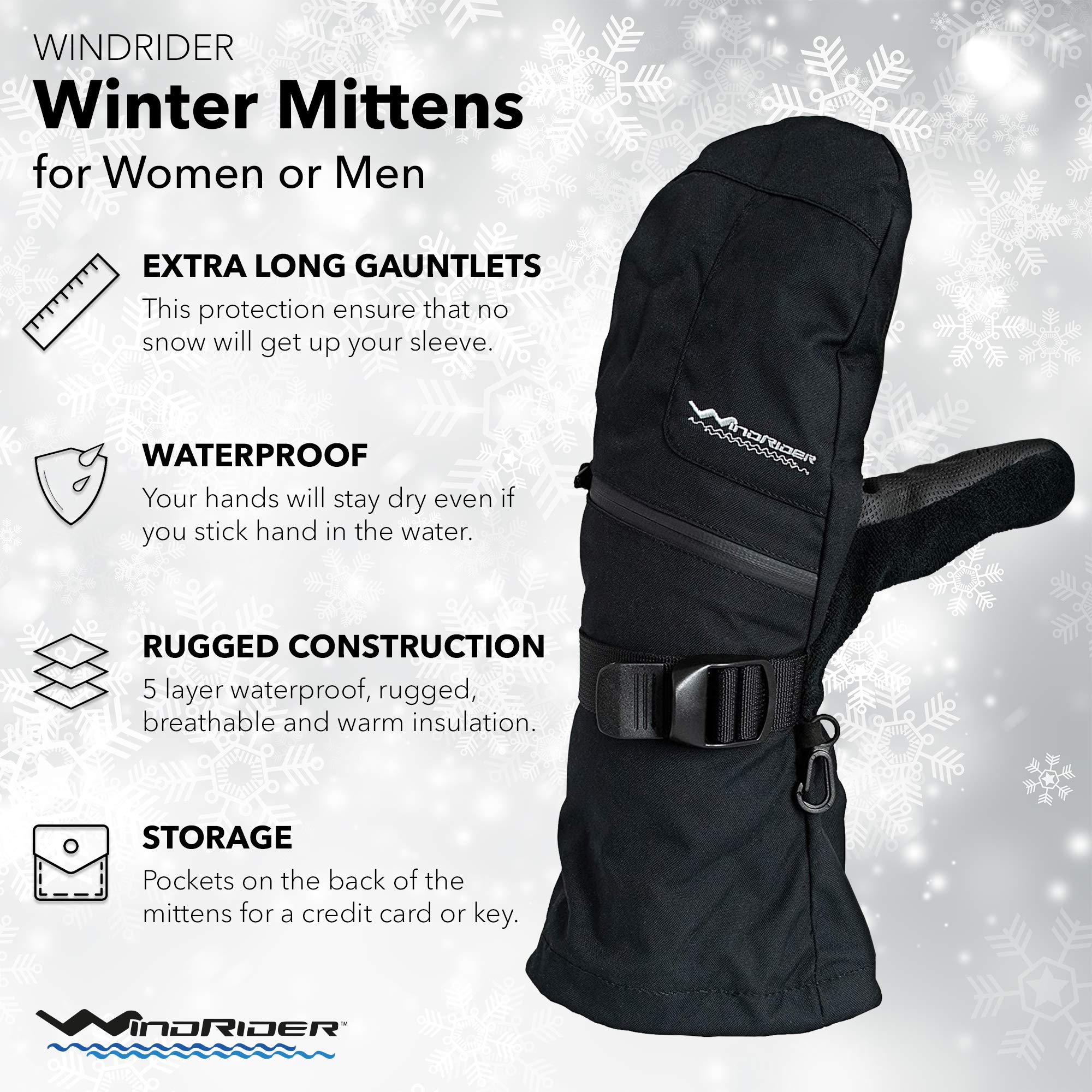 Rugged Waterproof Winter Mittens | Extra Long Gauntlets | Snowboard, Ski, Ice Fishing, Mittens | Medium Weight (XL)